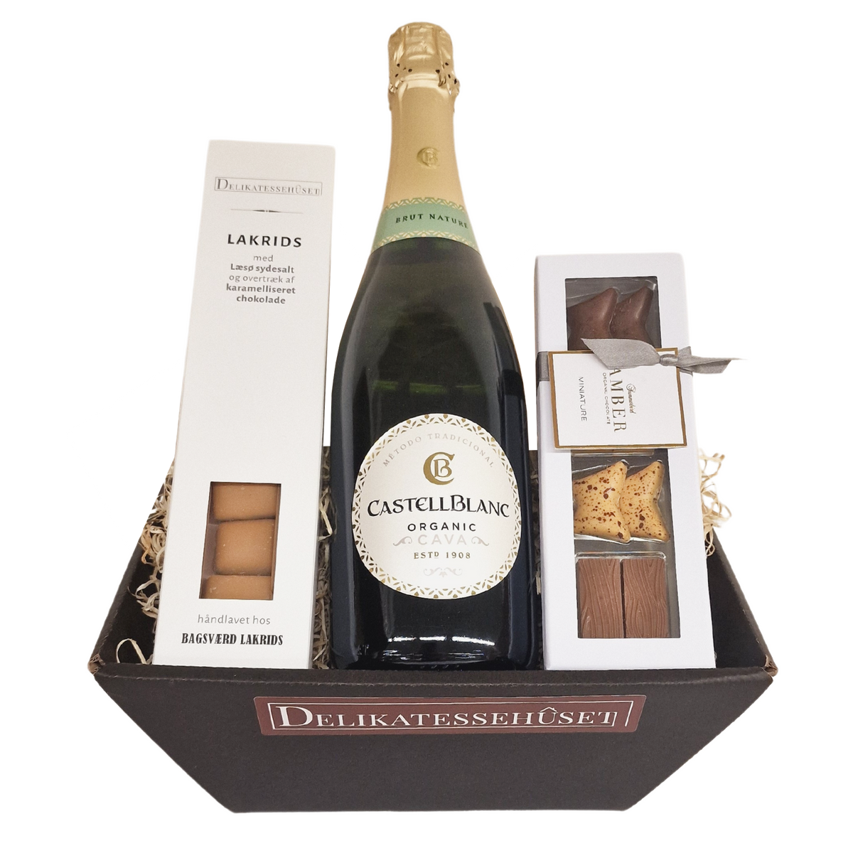 Gavekurv - med mousserende cava, lakrids & chokolade - Delikatessehuset Gavekurv - med mousserende cava, lakrids & chokolade - Delikatessehuset