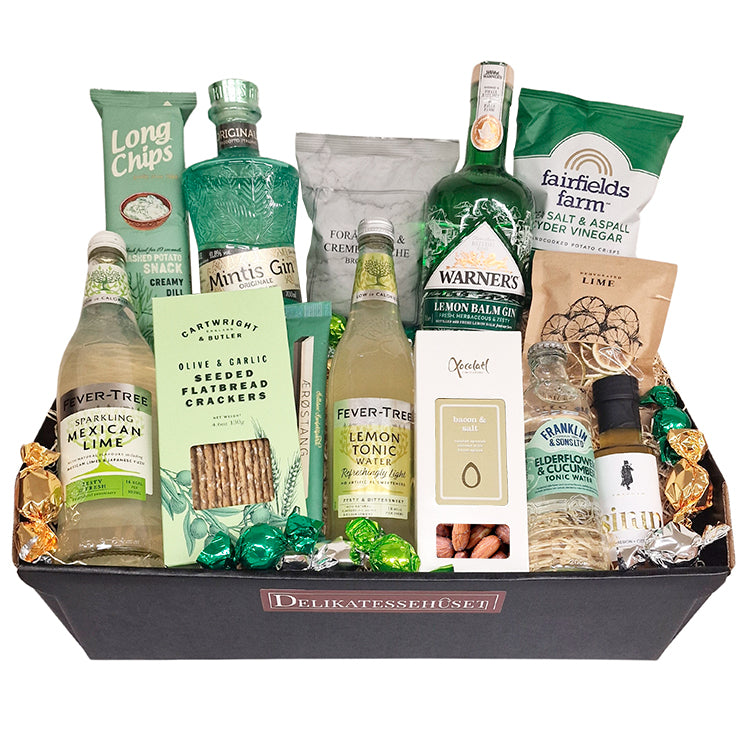 Gavekurv - kæmpe grøn Gin&Tonic kurv m. gin, tonicvand og en masse læk ...